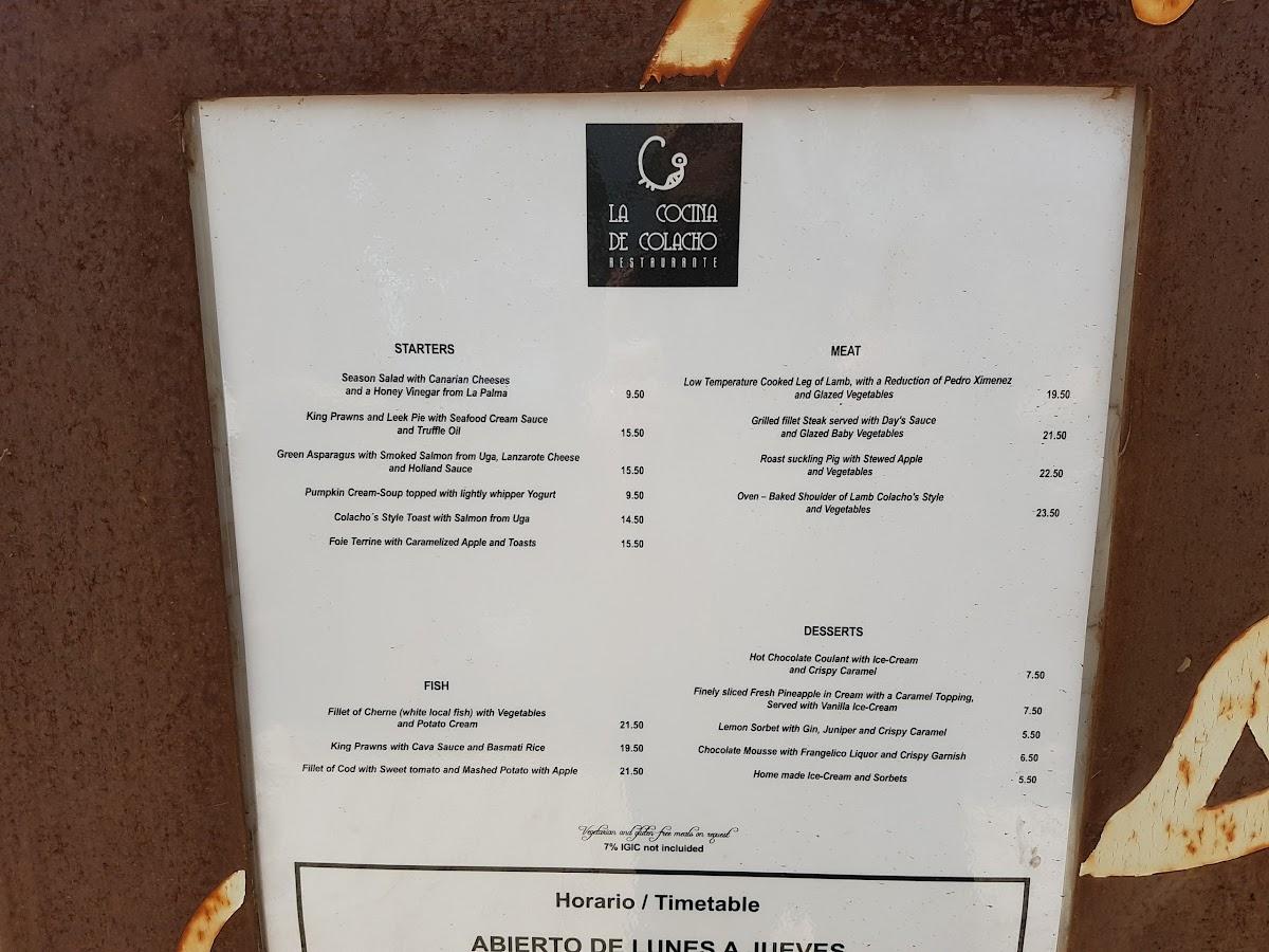 Carta de Restaurante La Cocina de Colacho, Playa Blanca, C. Velázquez