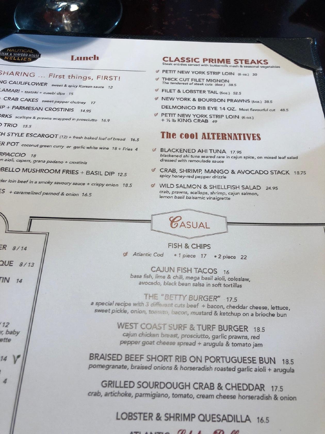 Menu au Nautical Nellies Steak & Seafood House restaurant à viande ...