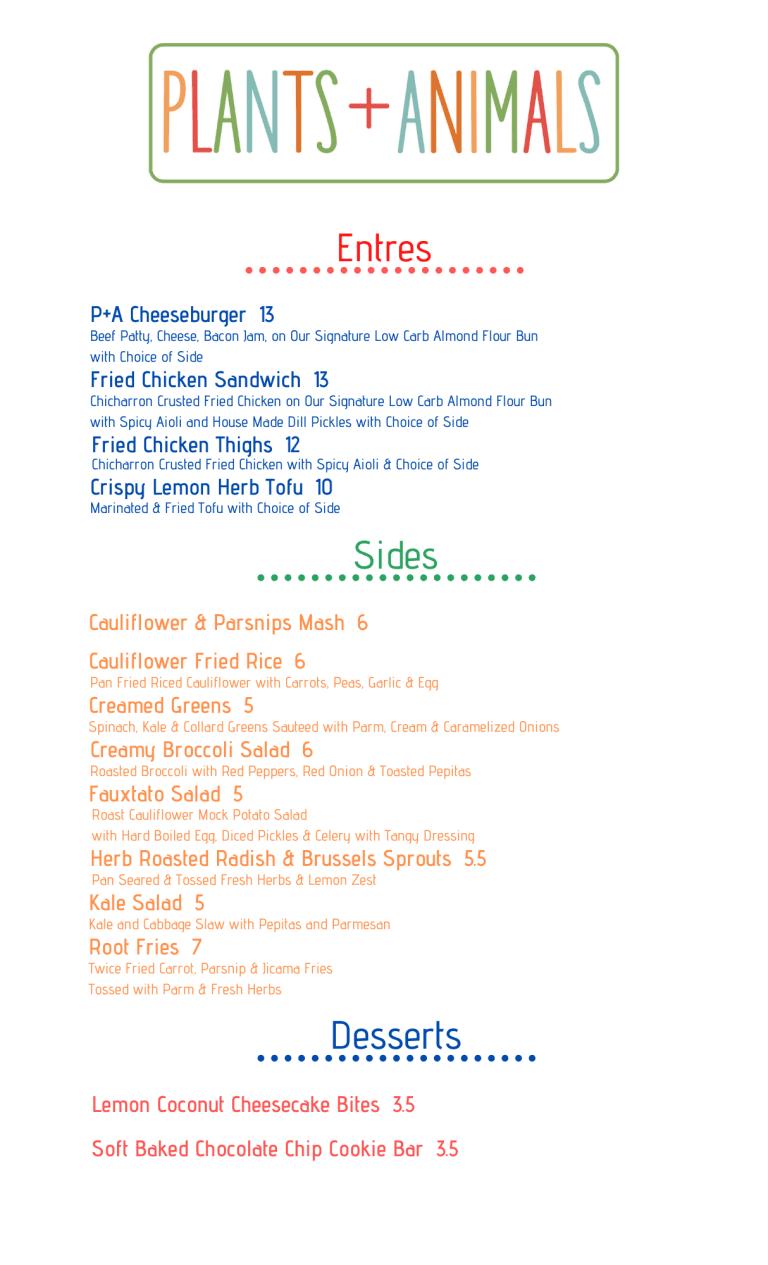 Menu at Plants + Animals restaurant, Los Angeles