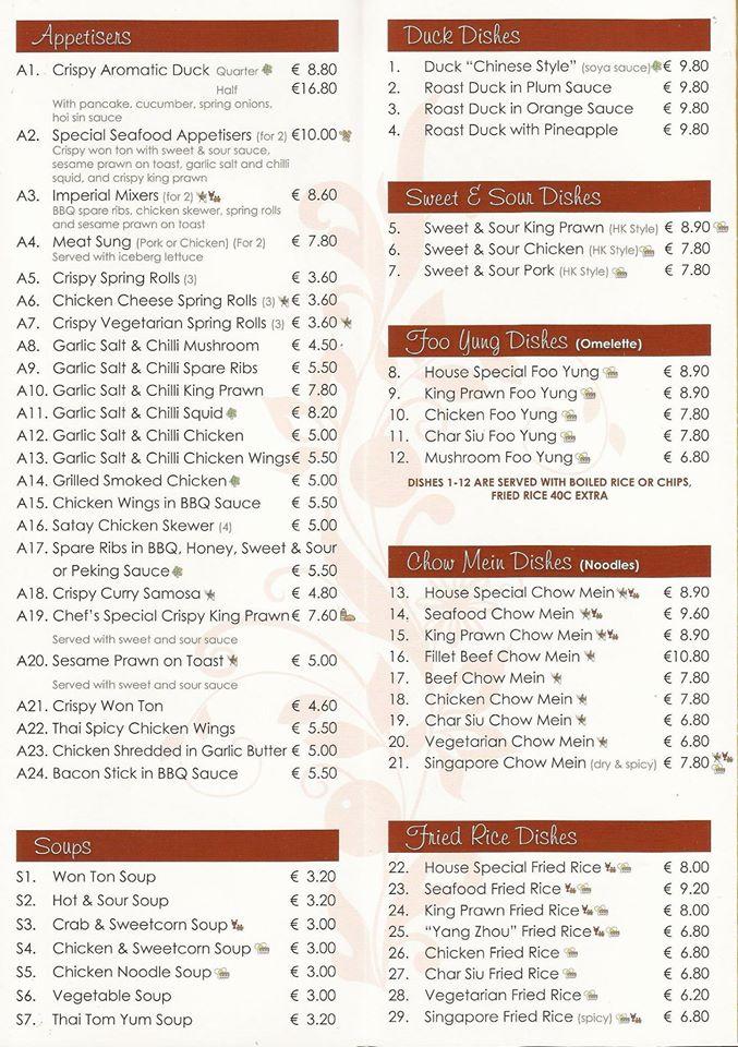 Menu at Royal China Restaurant, Listowel, 58 William Street Upper