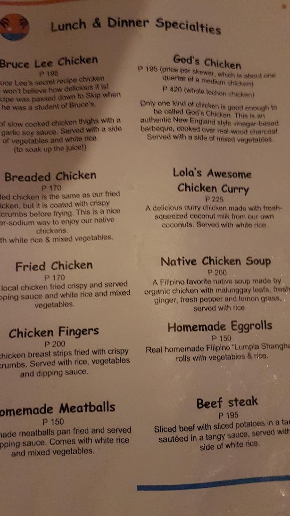 Menu at Skip's Beach Resort restaurant, Daanbantayan