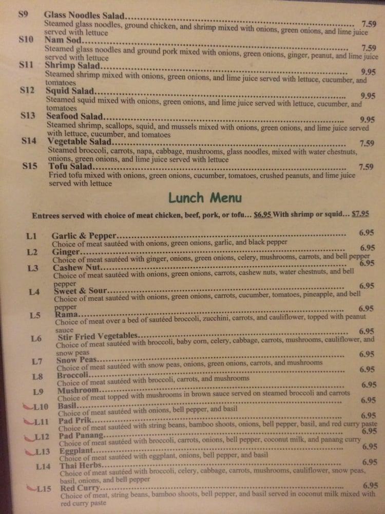 Menu at Thai Jasmine restaurant, Fayetteville