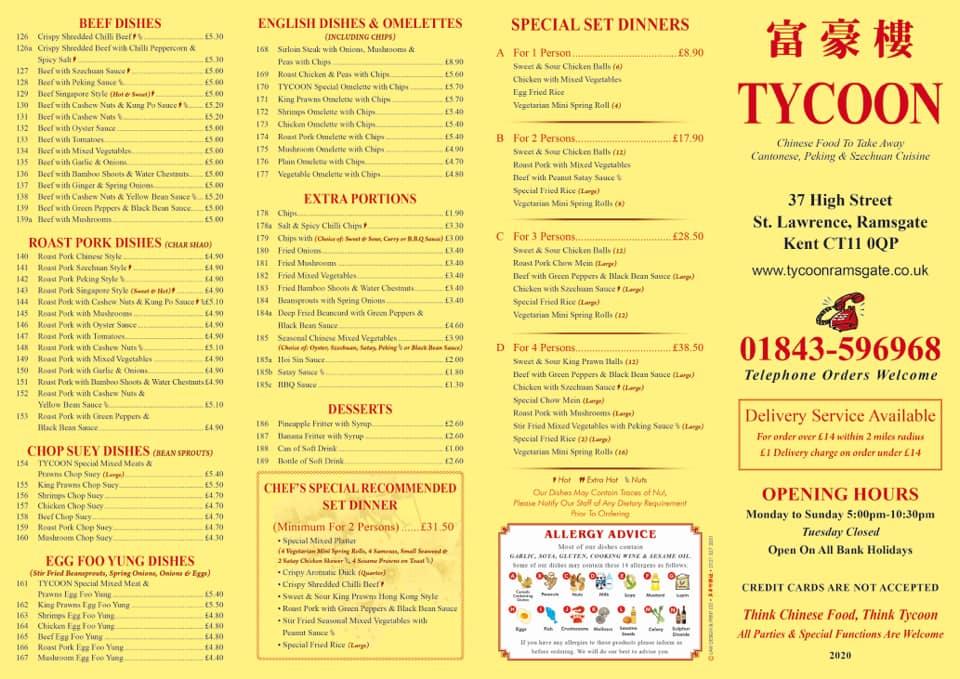 Menu at Tycoon Chinese Takeaway fast food, Ramsgate