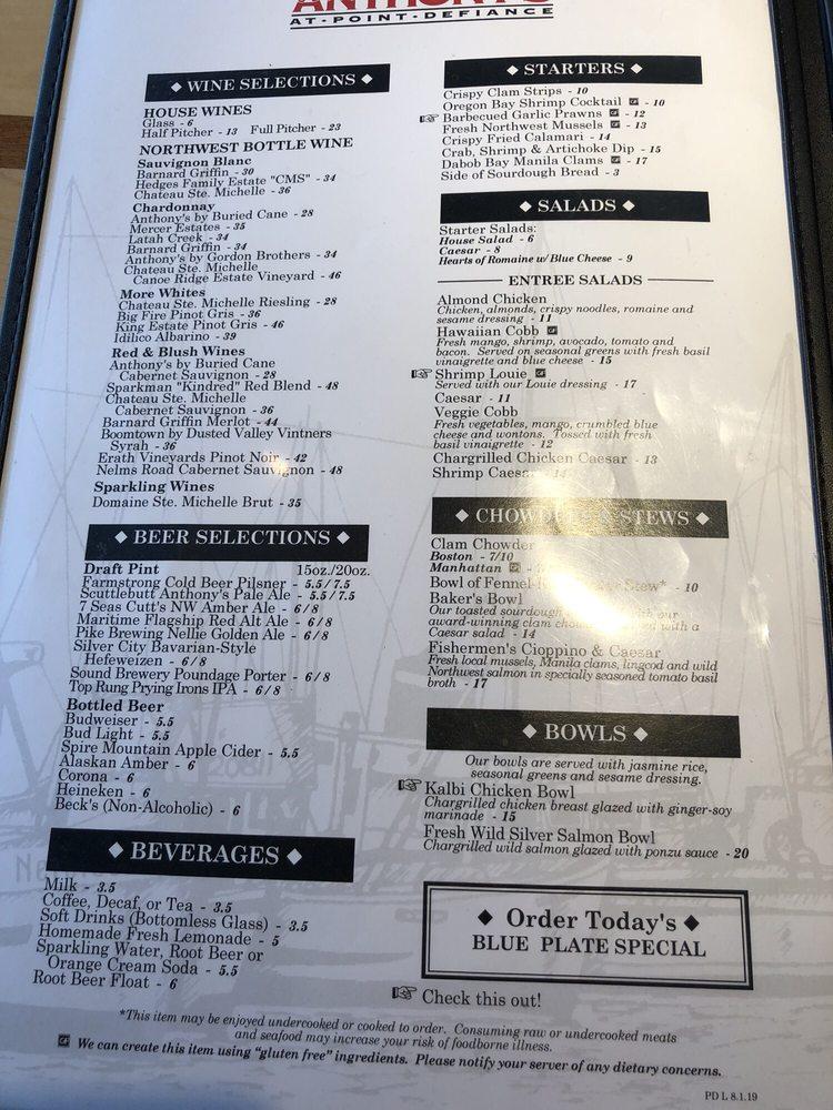 Menu at Anthony's At Point Defiance restaurant, Tacoma