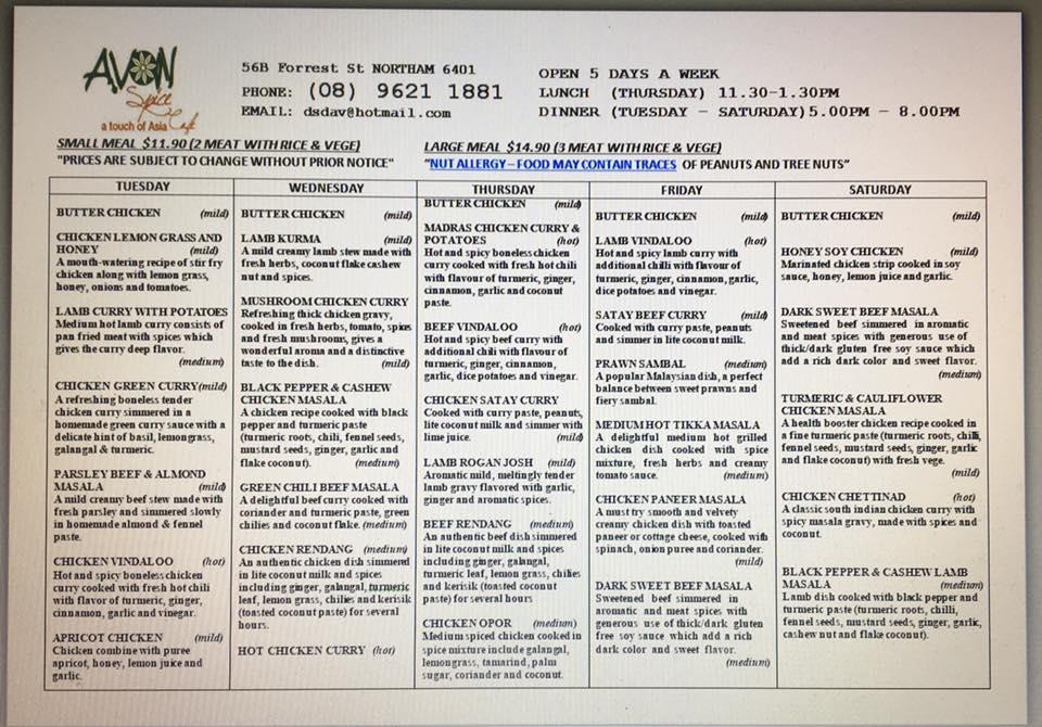 Menu at Avon Spice restaurant, Northam