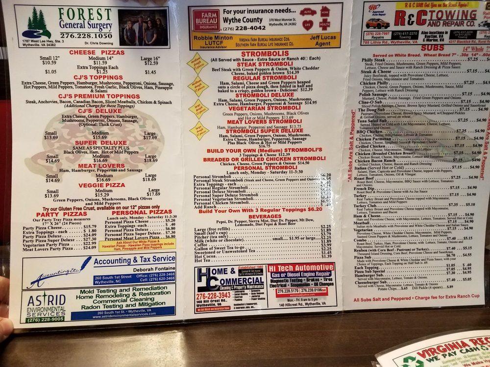 Menu at CJ's Pizza & Subs pizzeria, Wytheville