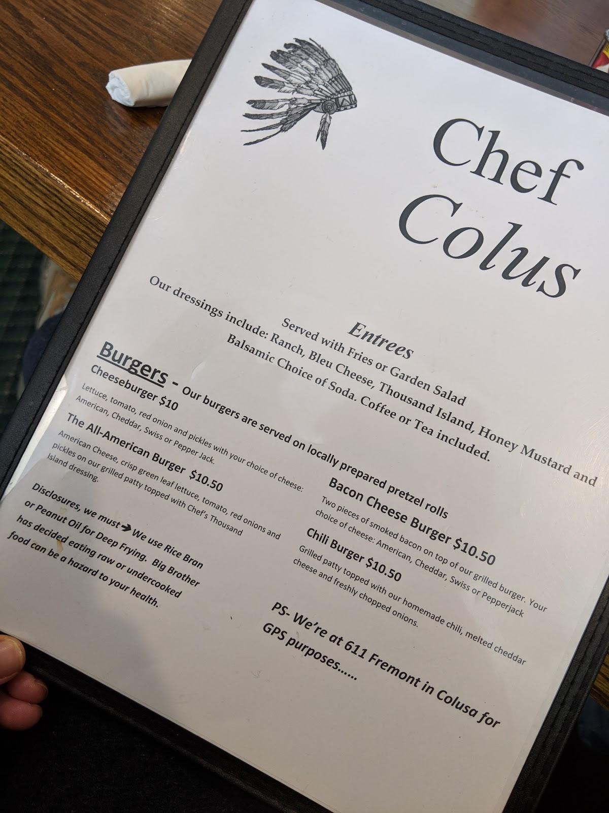 Menu at Chef Colus restaurant, Colusa, 334 Market St