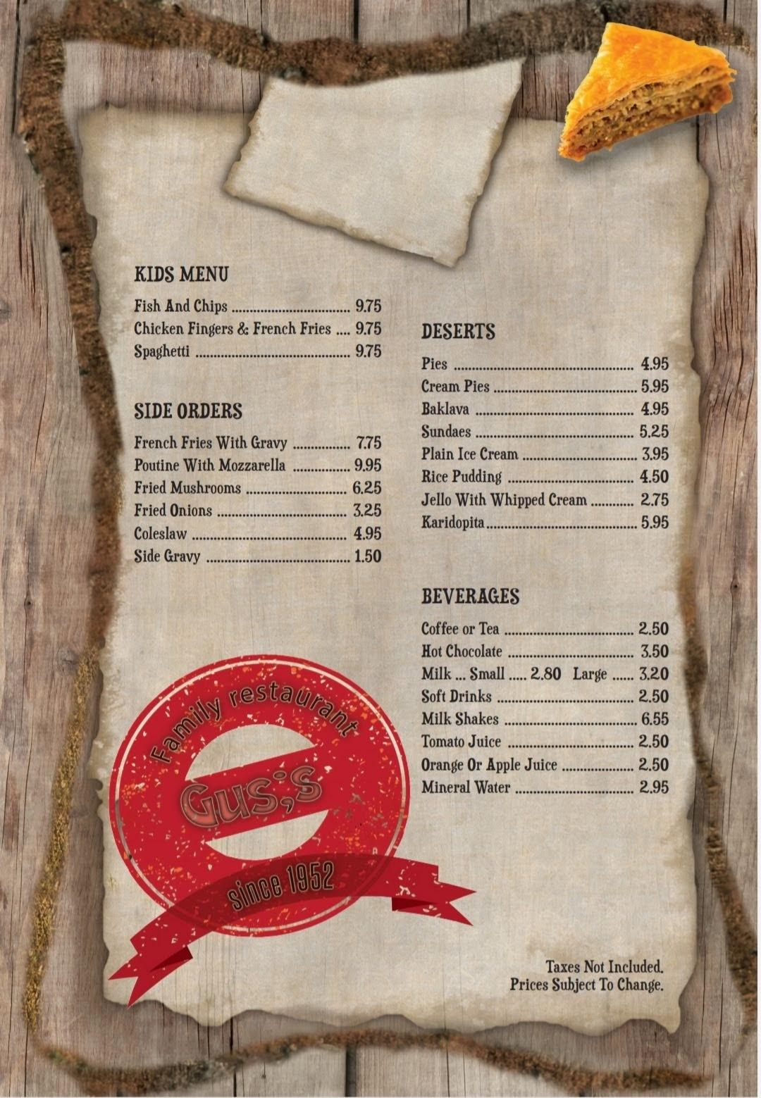 Menu at Gus's Restaurant, Sudbury
