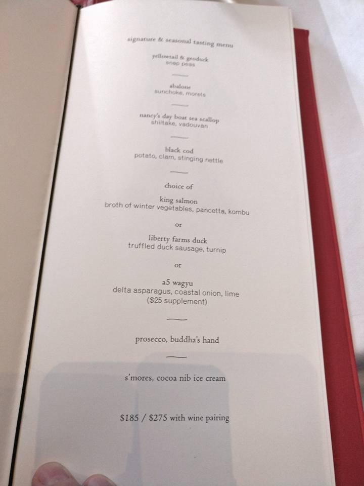 Menu at Providence restaurant, Los Angeles