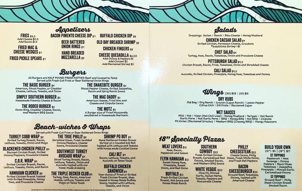 Menu at the beach pit pub & bar, Myrtle Beach