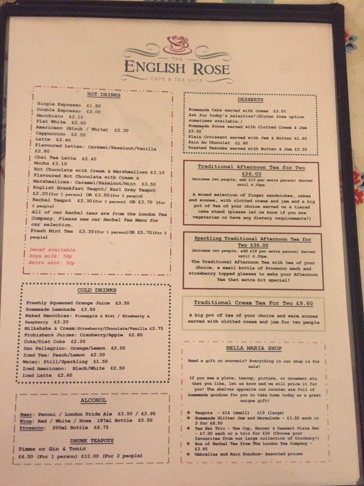 Menu at The English Rose Café and Tea Shop cafe, London