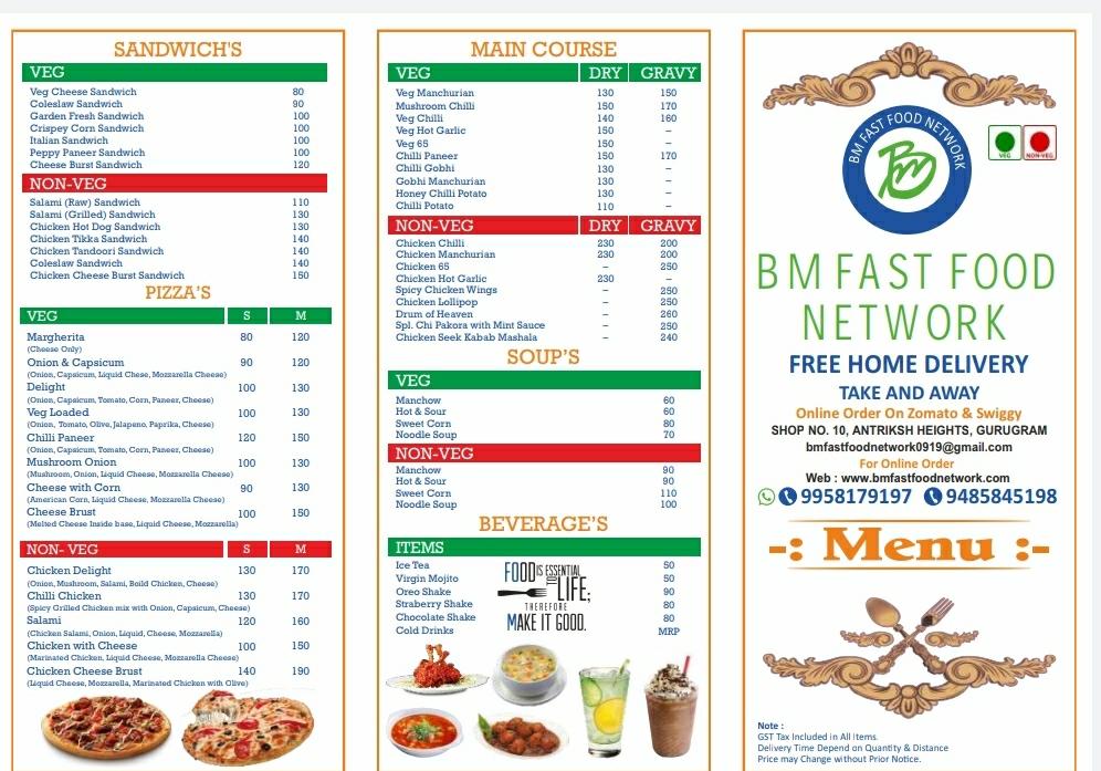 Menu at BM Fast Food Network, Gurugram