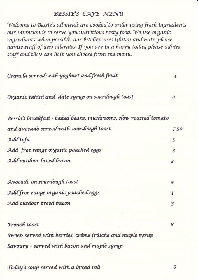 Menu at Bessie's Cafe, Culross
