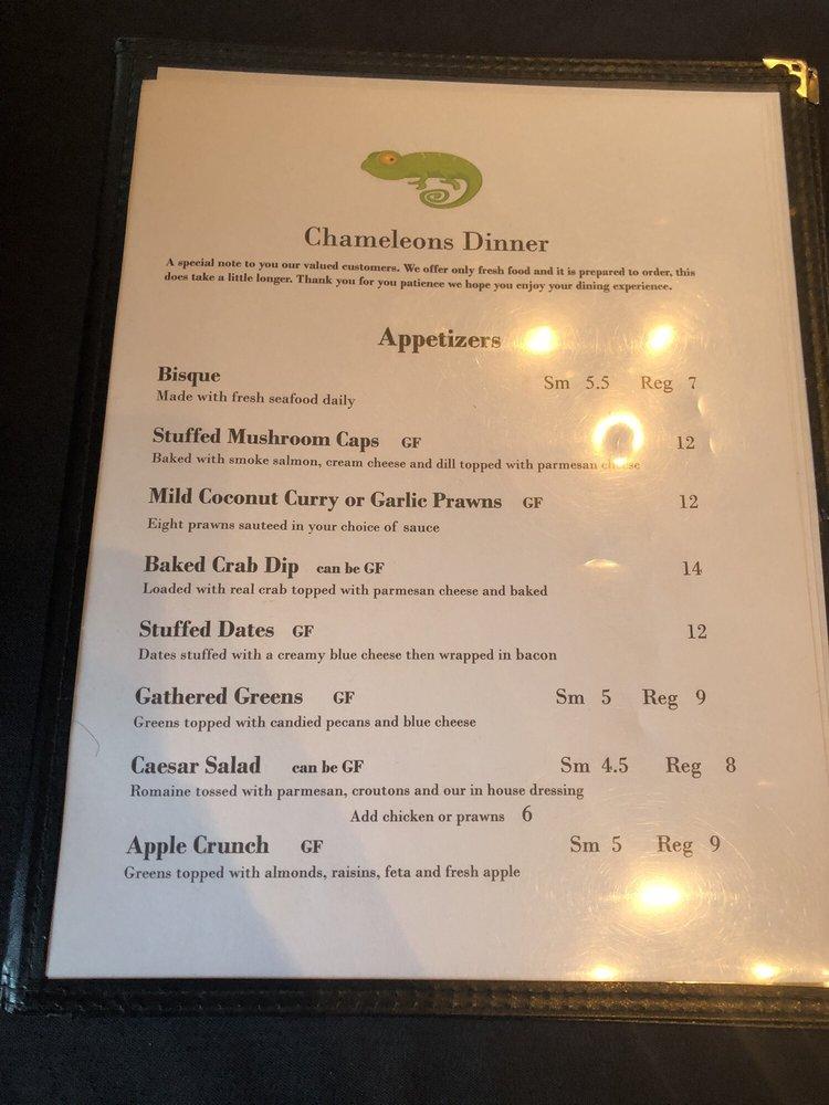 Menu at Chameleons restaurant, Parksville