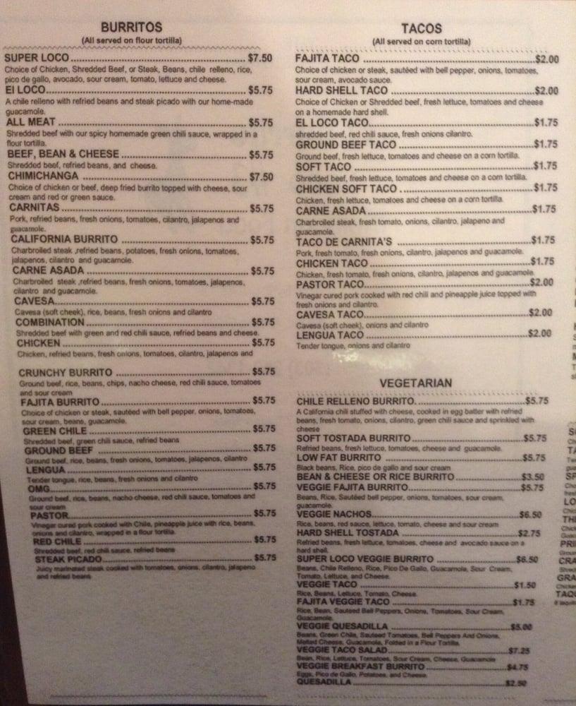 Menu at El Burrito Loco restaurant, Portland