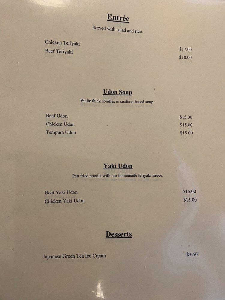 Menu at Matsuya Japanese House restaurant, Cochrane