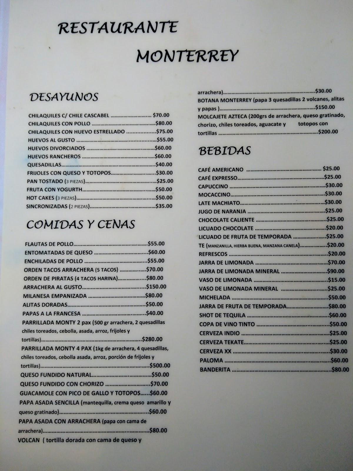 Menu at Restaurant Monterrey, Real de Catorce