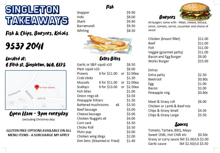 Menu at Singleton Takeaways restaurant, Singleton
