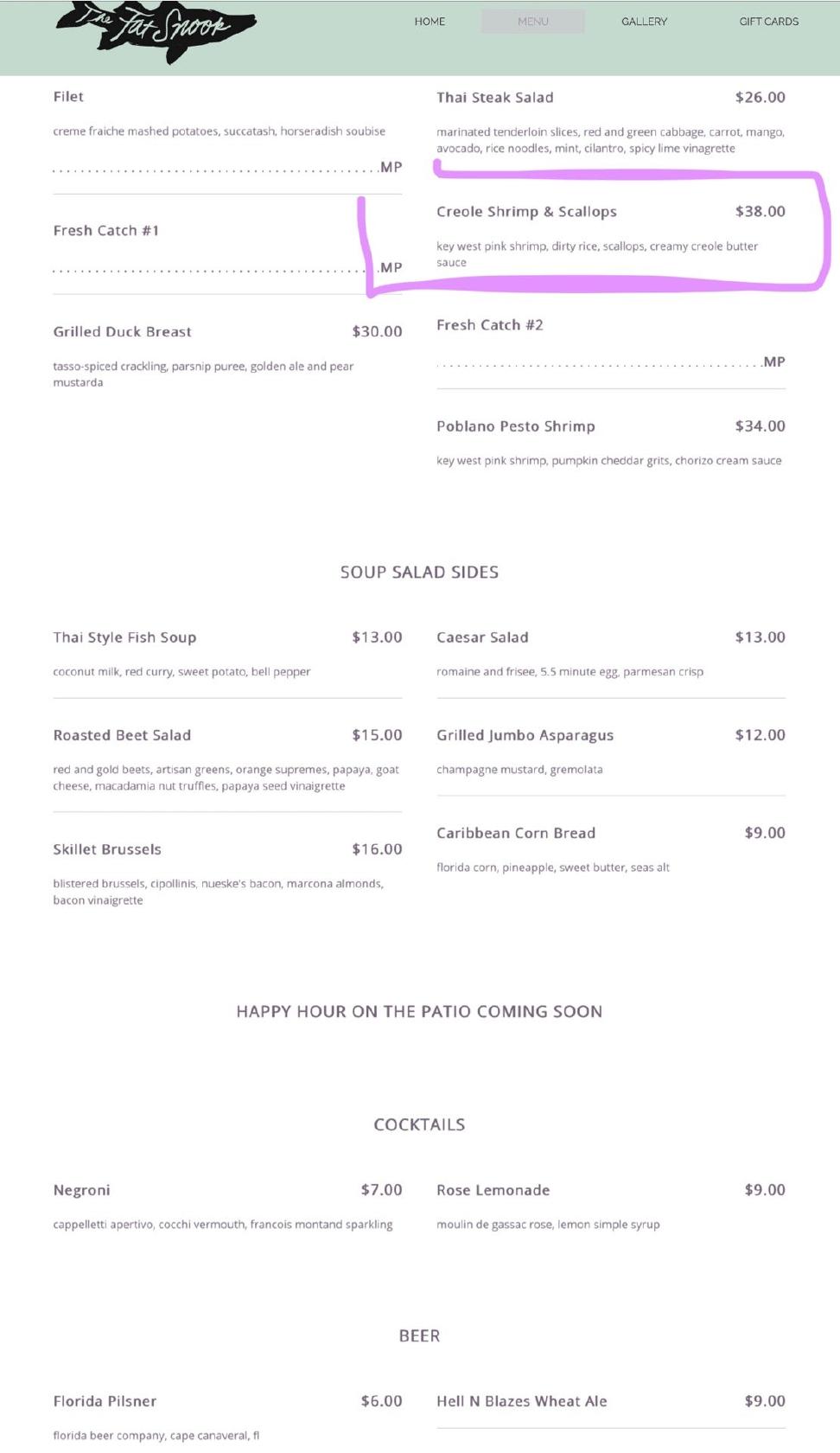 Menu at The Fat Snook restaurant, Cocoa Beach