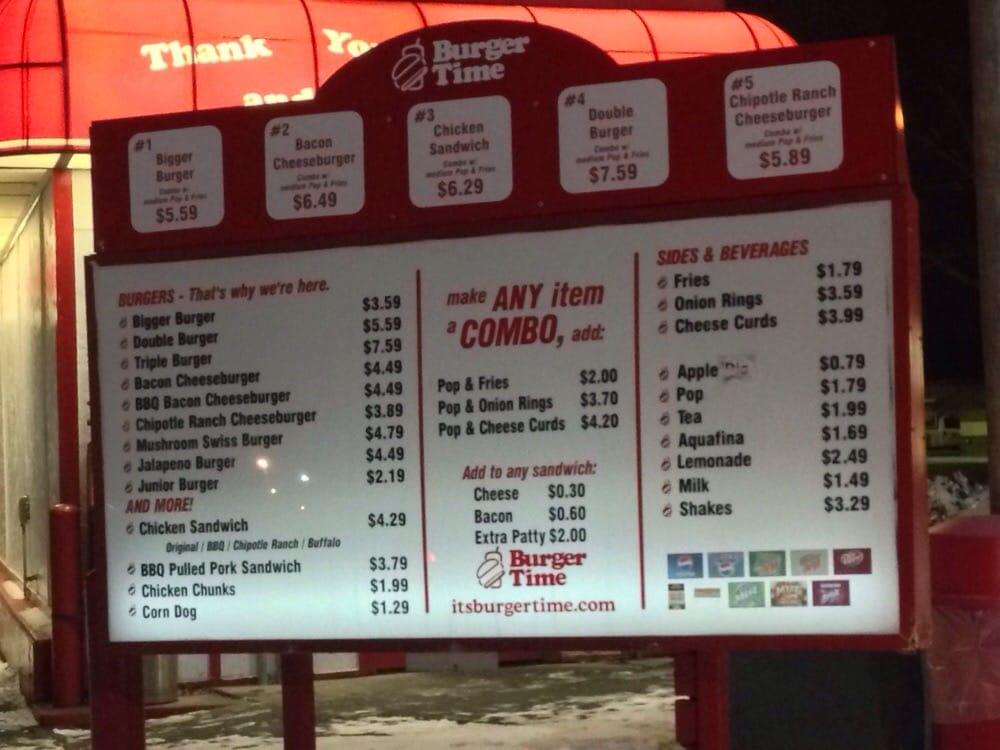 Menu at Burger Time restaurant, Bismarck