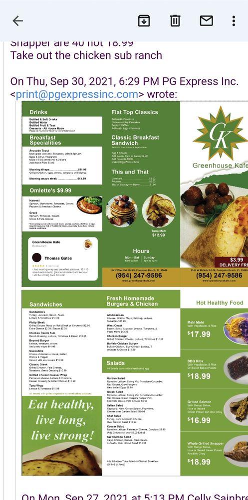 Menu at GreenHouse Kafe cafe, Pompano Beach