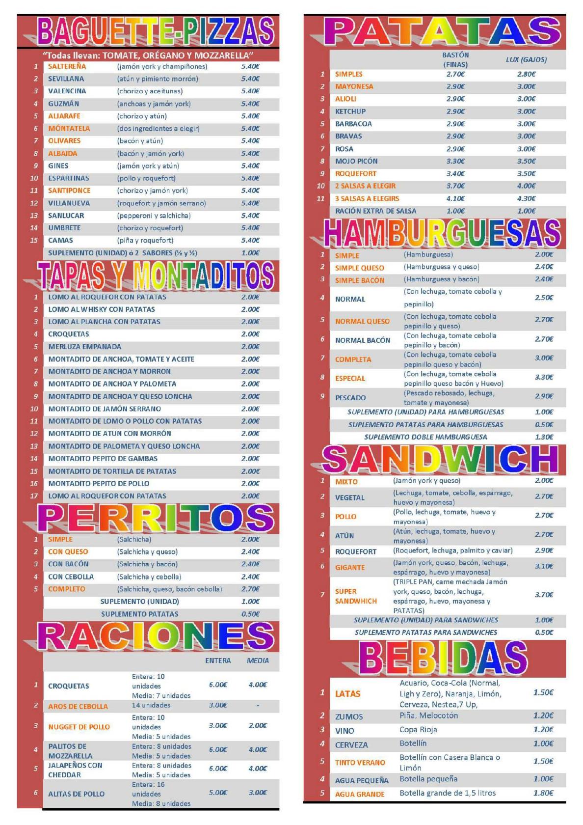 Carta de Pizzería El Lagar, Salteras
