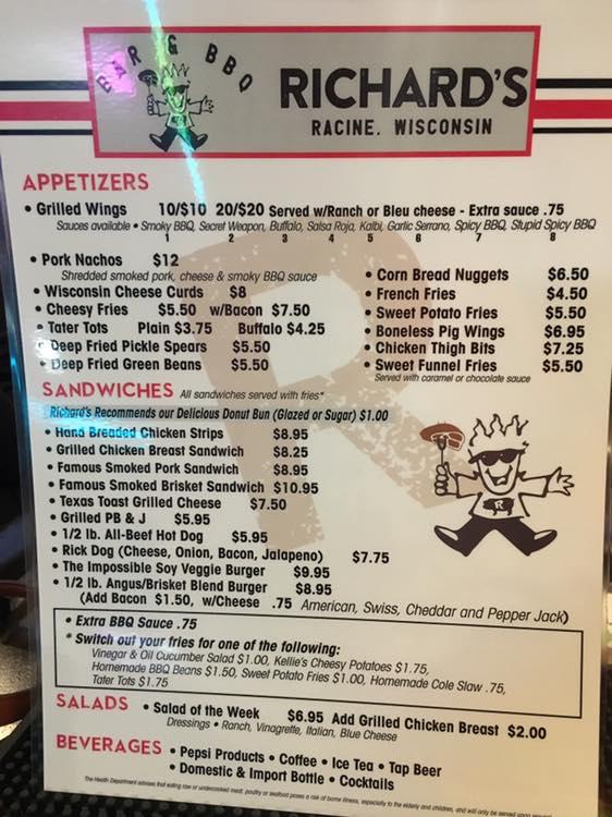 Menu at Richard’s Bar & BBQ, Racine