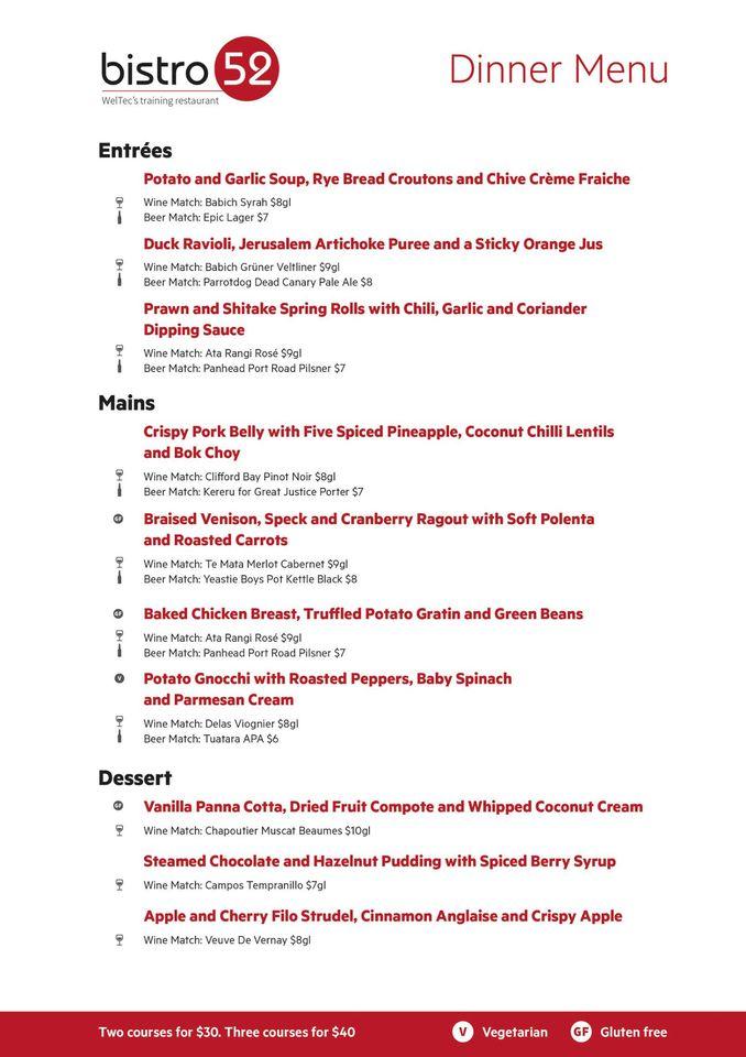 Menu at Bistro52, WelTec's Training Restaurant, Wellington