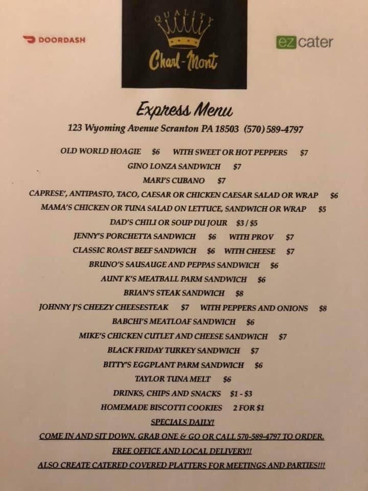 Menu at Charl-Mont restaurant, Scranton