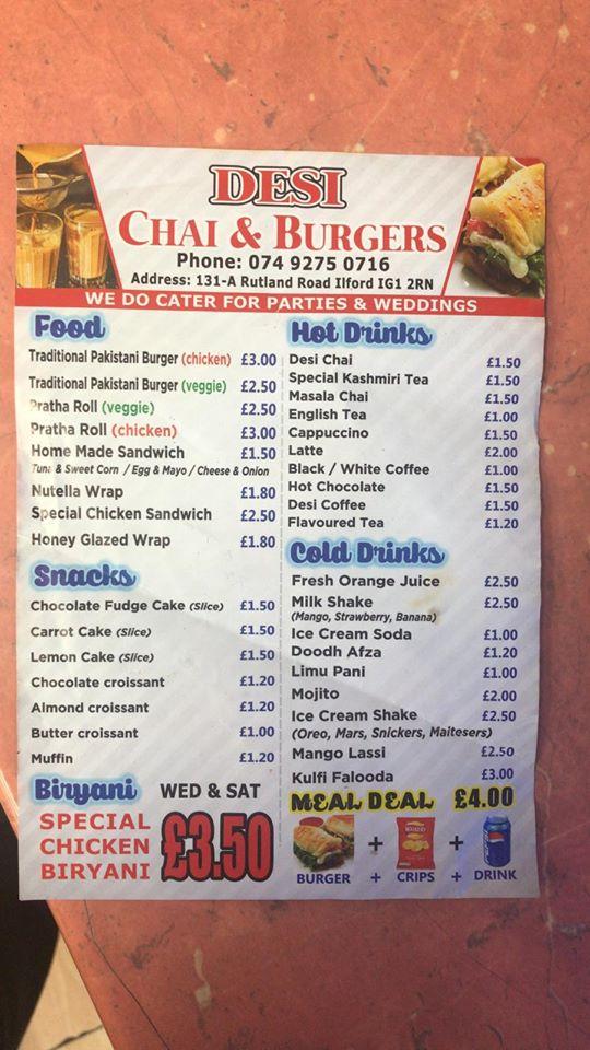 Menu at Desi Chai & Burgers restaurant, London