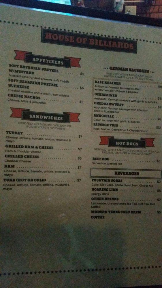 Menu at House of Billiards pub & bar, Los Angeles