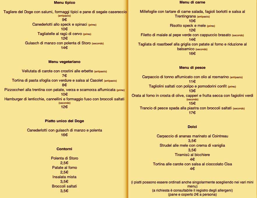 Menu da Ristorante Il Doge, Rovereto