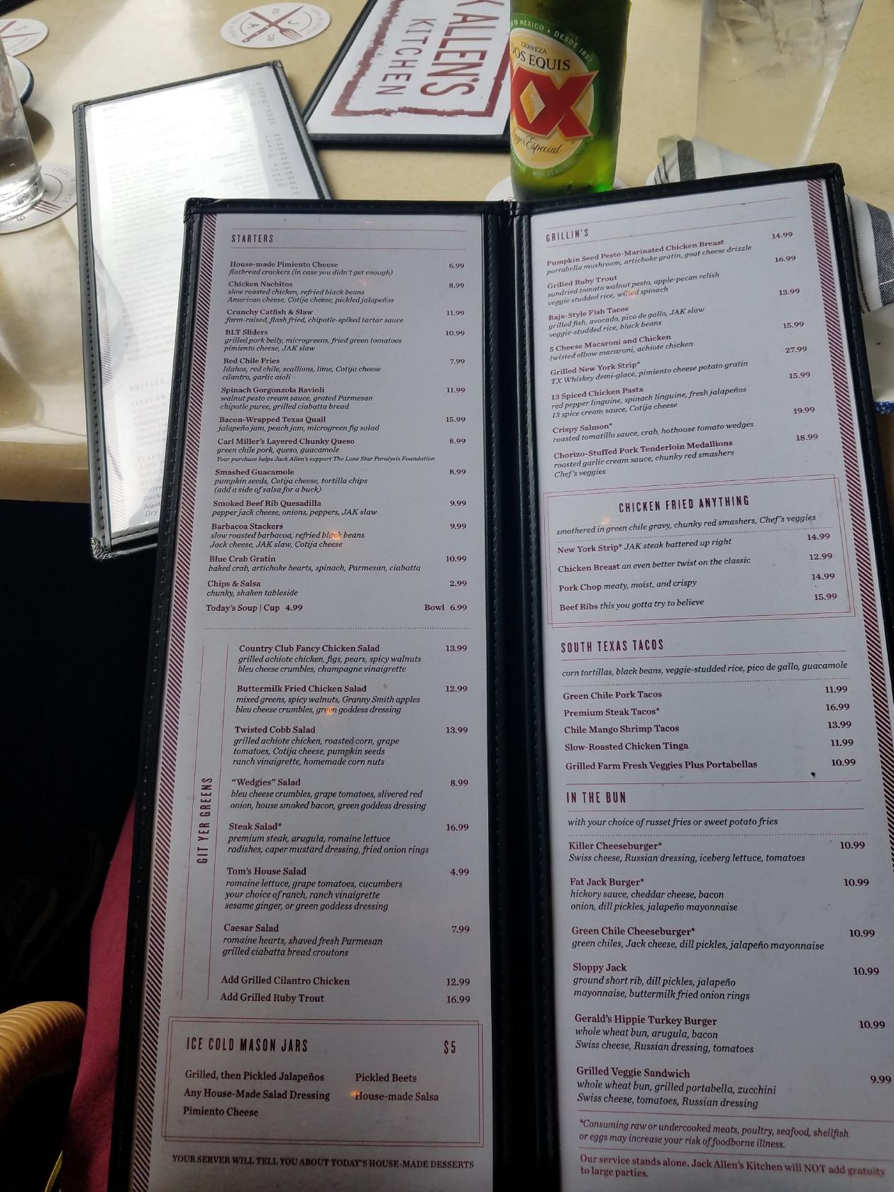Menu at Jack Allen's Kitchen restaurant, Round Rock, Hoppe Trail