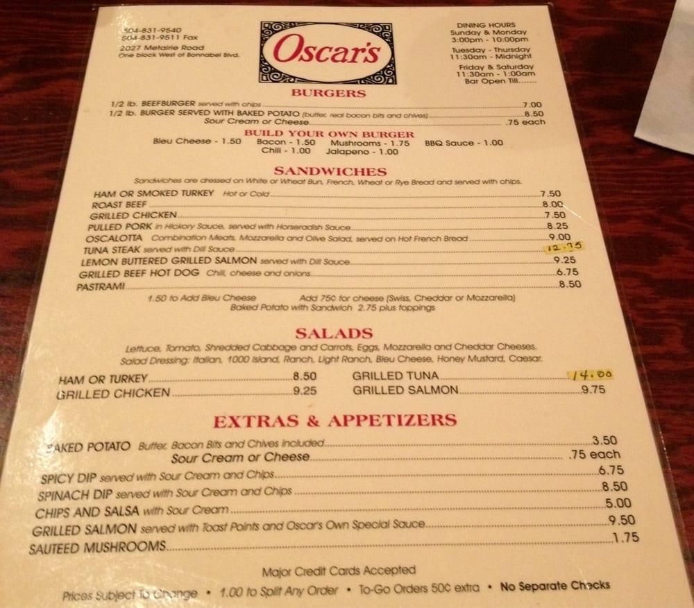 Menu at Oscar's pub & bar, Metairie