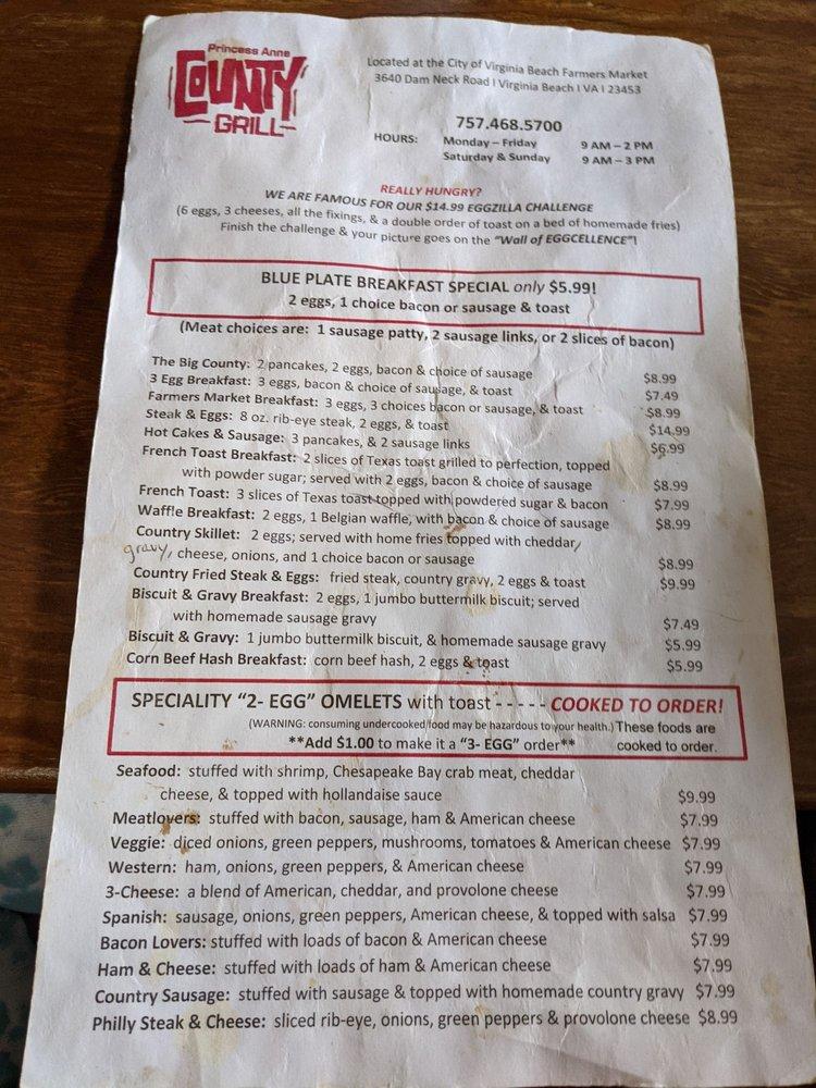 Menu at Princess Anne County Grill restaurant, Virginia Beach, Dam Neck Rd