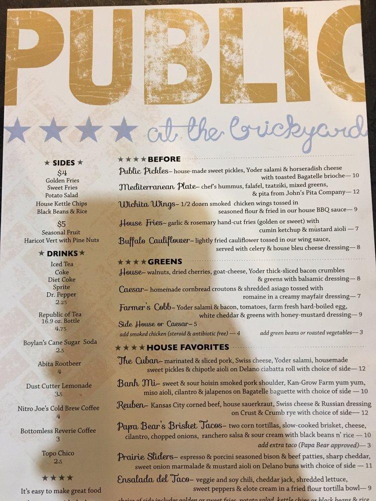 Menu at Public at the Brickyard, Wichita