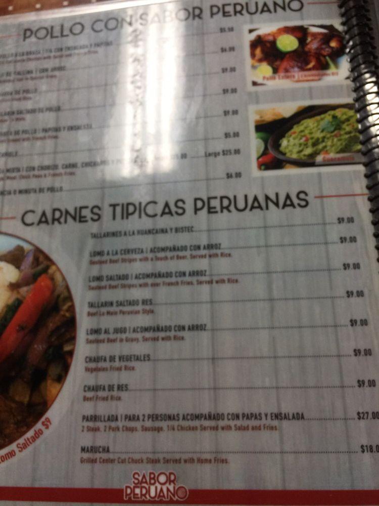 Menu at Sabor Peruano restaurant, West New York, Bergenline Ave