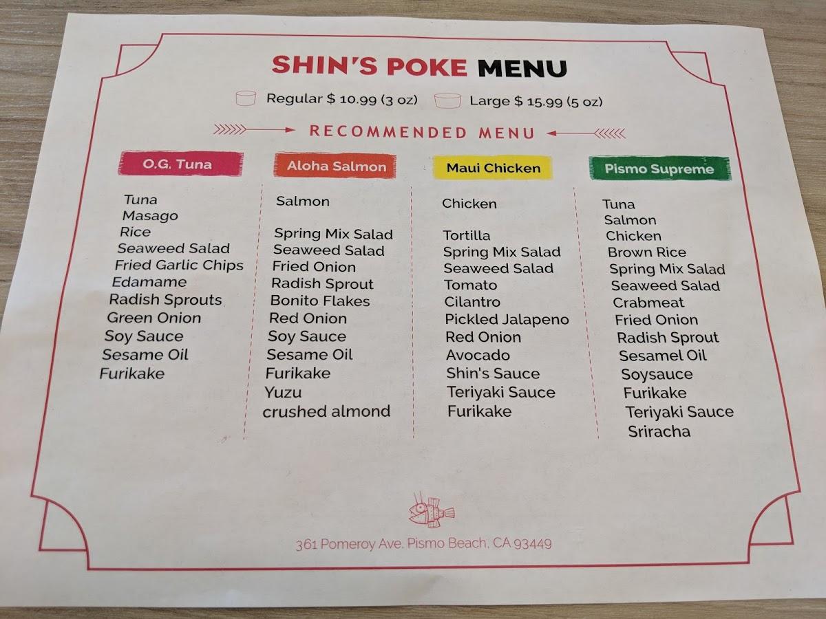 Menu at Shin's Poke restaurant, Pismo Beach
