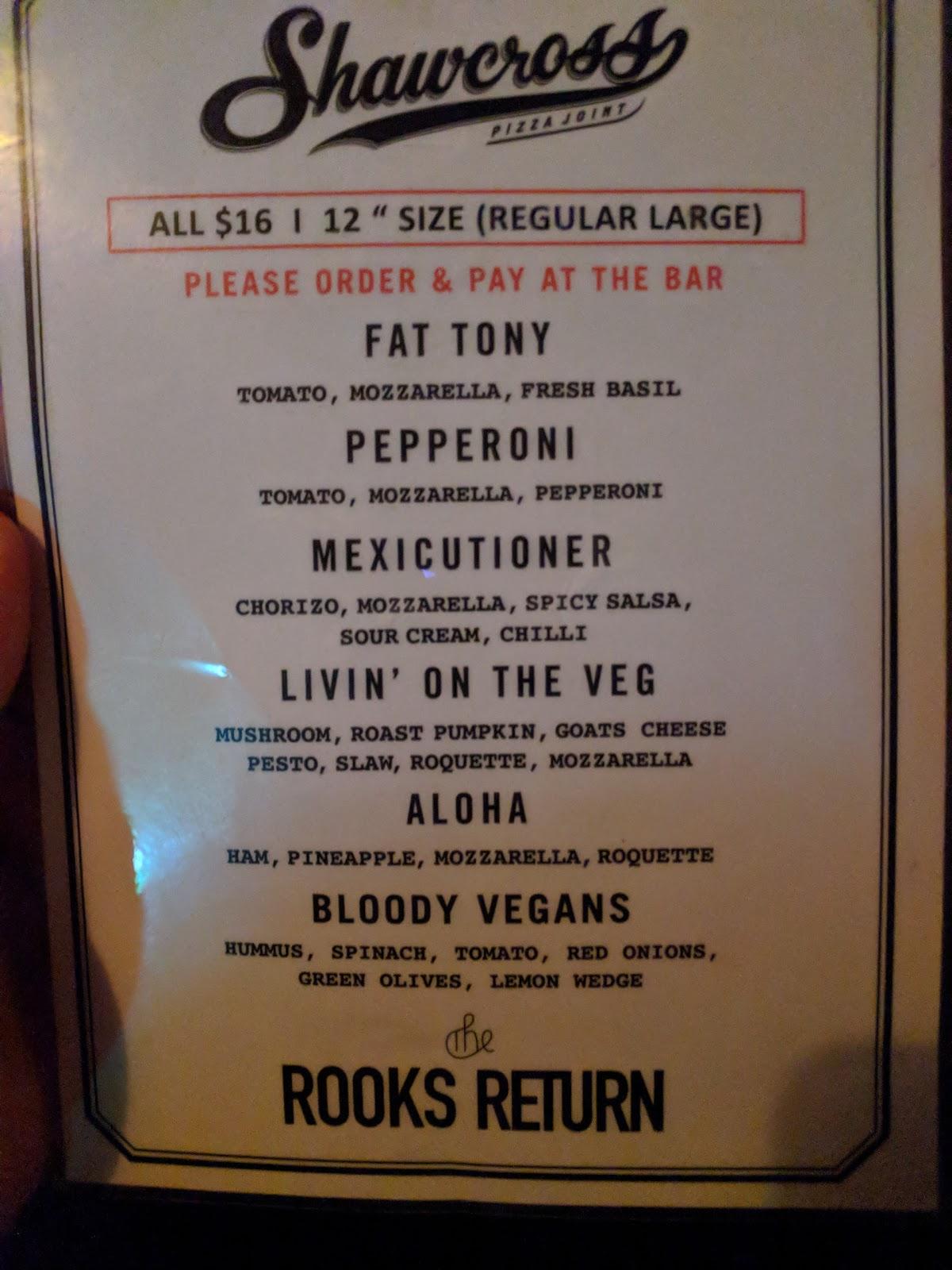 Menu at The Rooks Return restaurant, Fitzroy