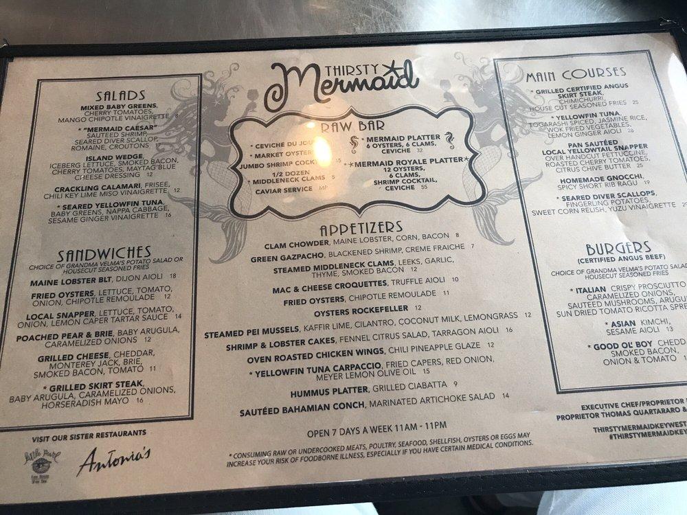 Menu at Thirsty Mermaid restaurant, Key West