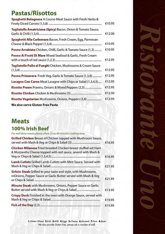 Menu at Restaurant Uno's, Tralee