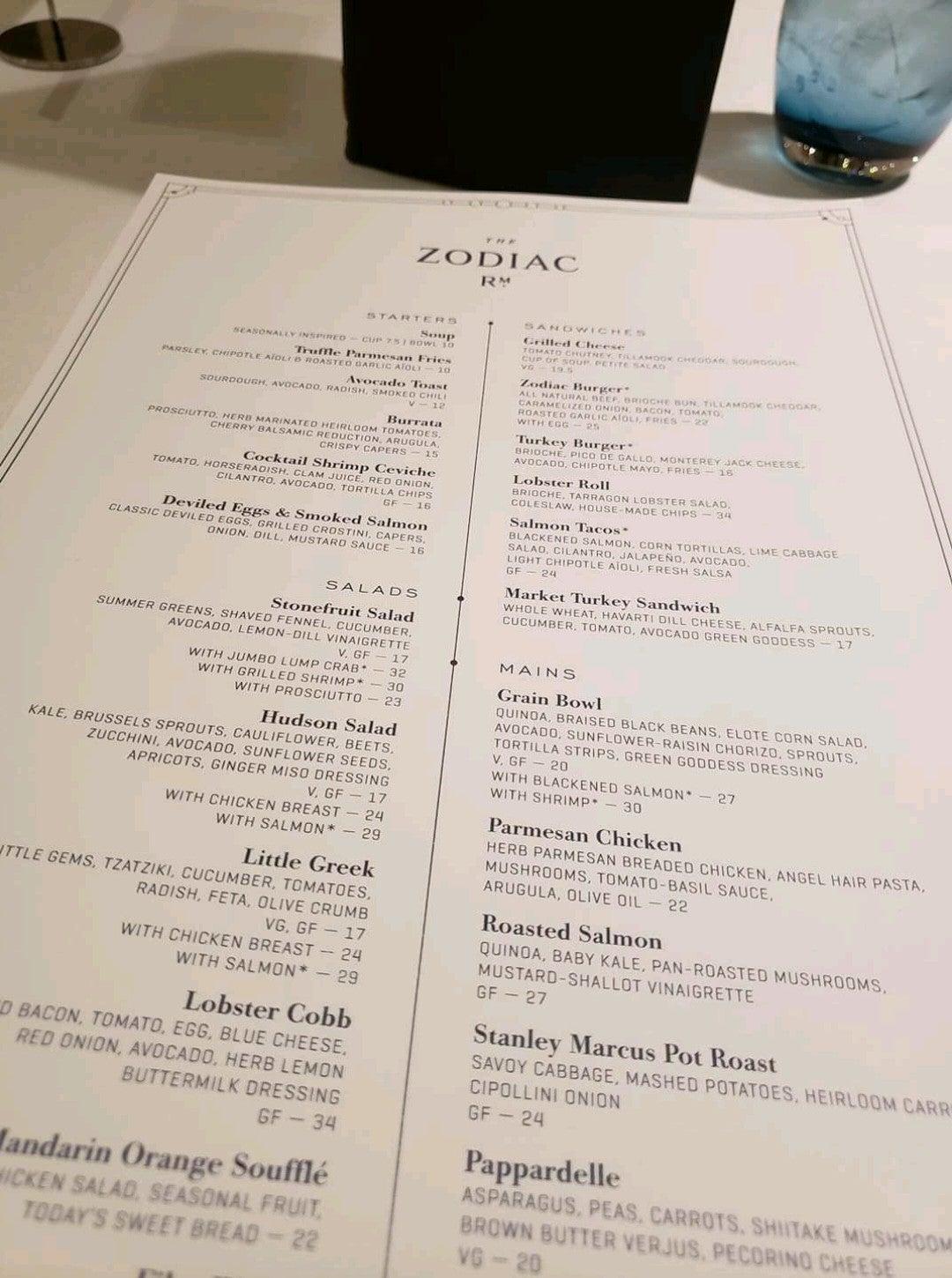 Menu at The Zodiac restaurant, Dallas, Main St Level Six