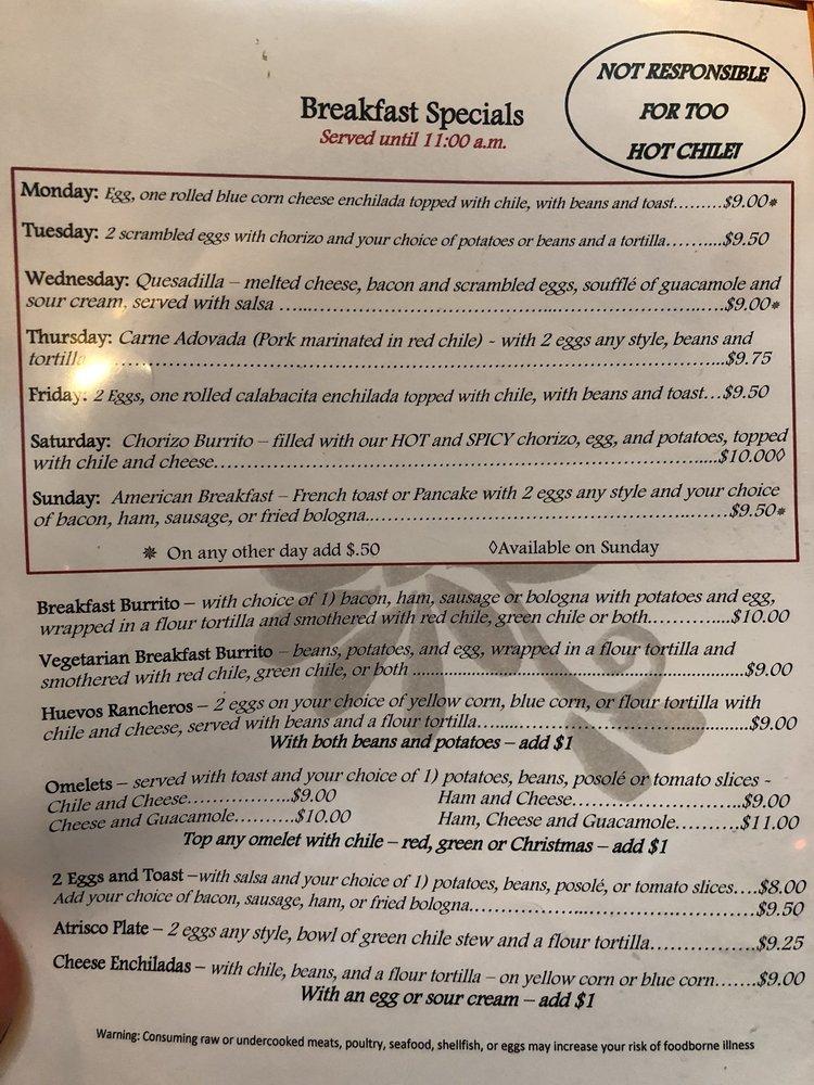 Menu at Tia Sophia's restaurant, Santa Fe
