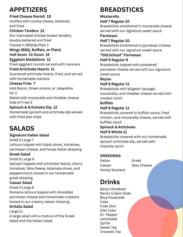 Menu at Tommy's on Thomas pizzeria, Hammond