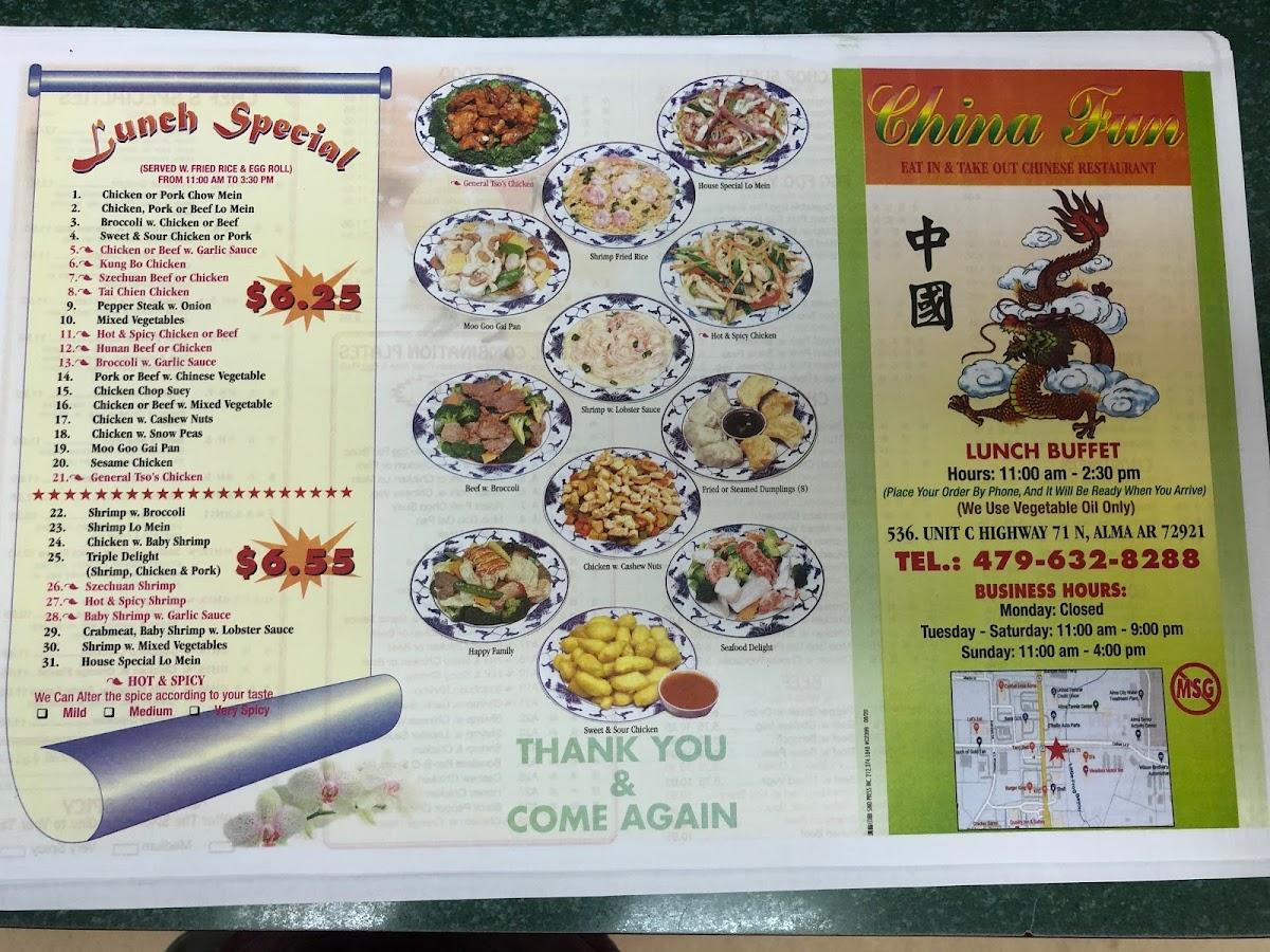 Menu at China Fun restaurant, Alma, 536 U. S. Hwy 71