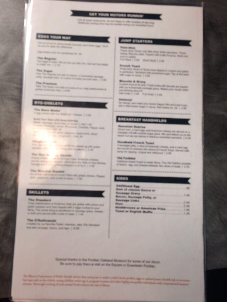 Menu at Edinger's Filling Station restaurant, Pontiac
