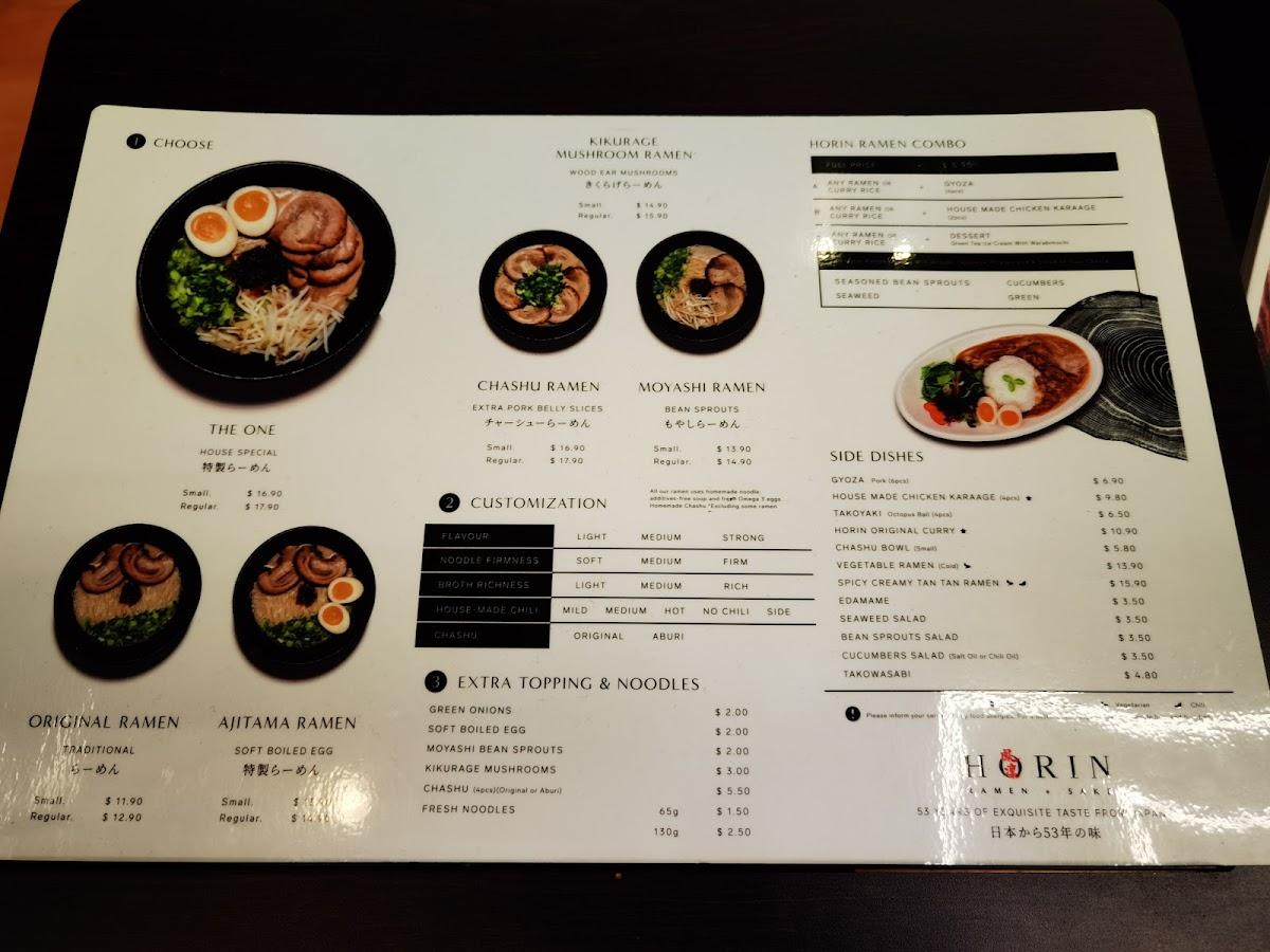 Menu at Horin Tonkotsu Ramen restaurant, Vancouver