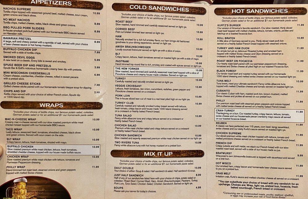 Menu at Kurtz's Pub & Deli, Two Rivers