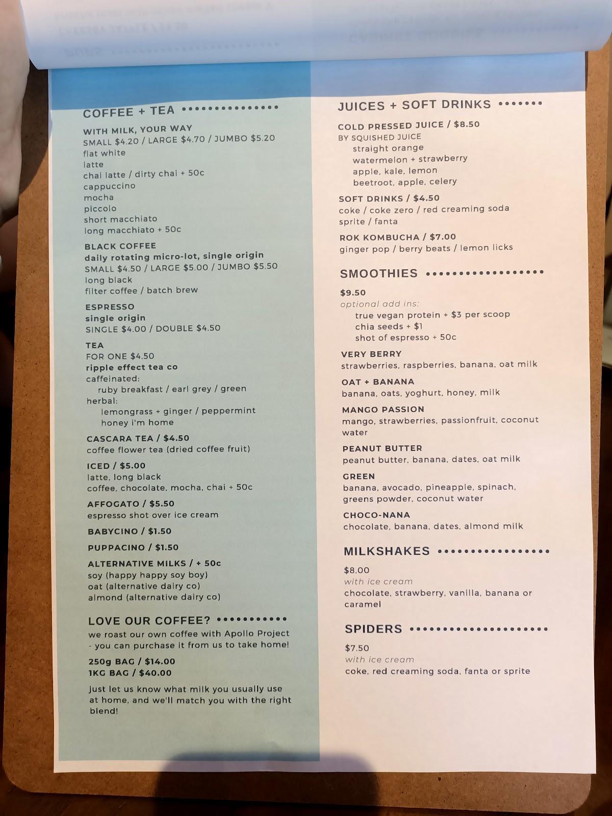 Menu at Little Laika cafe, Karrinyup