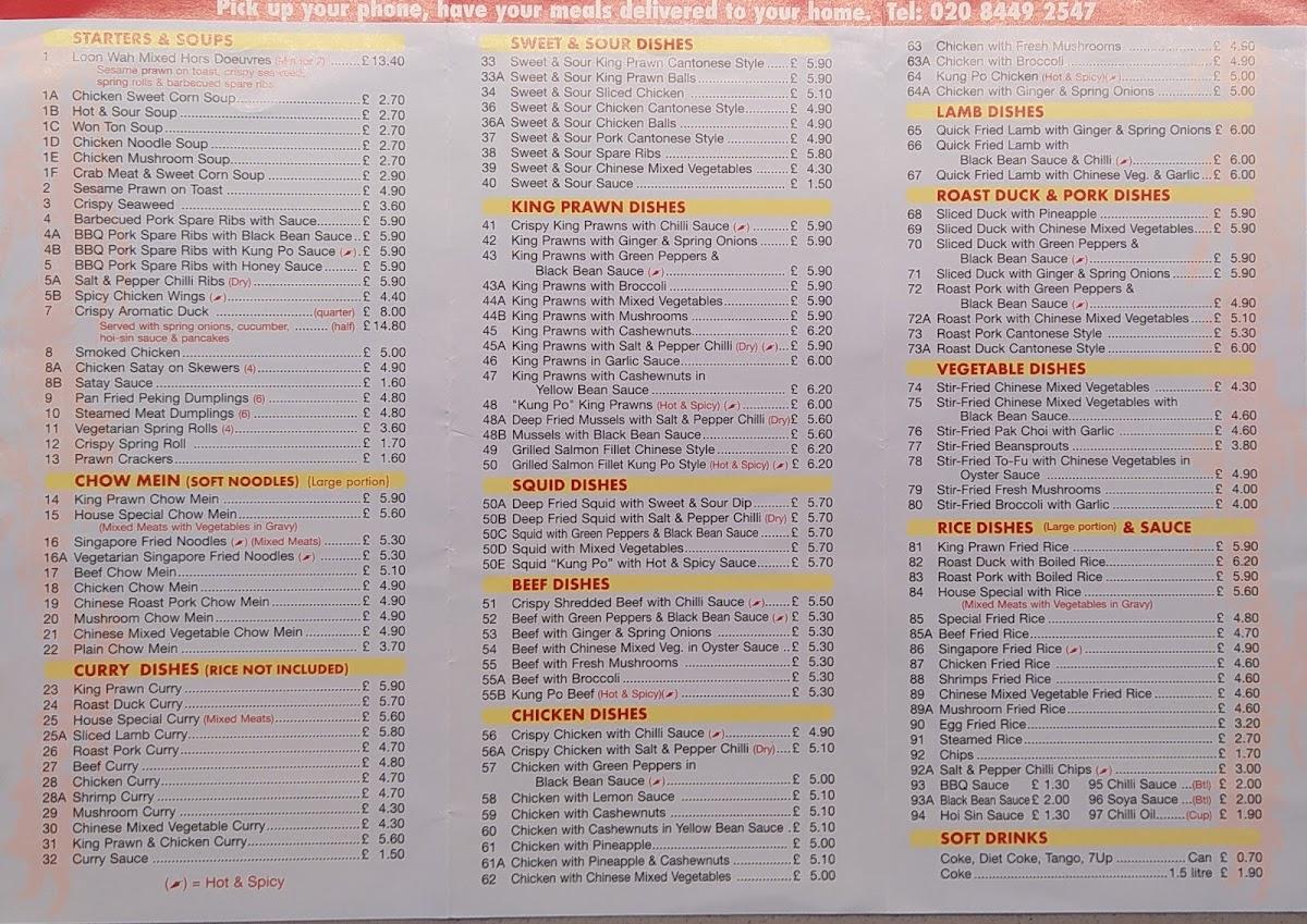 Menu at Loon Wah fast food, Barnet, 85 Wood St